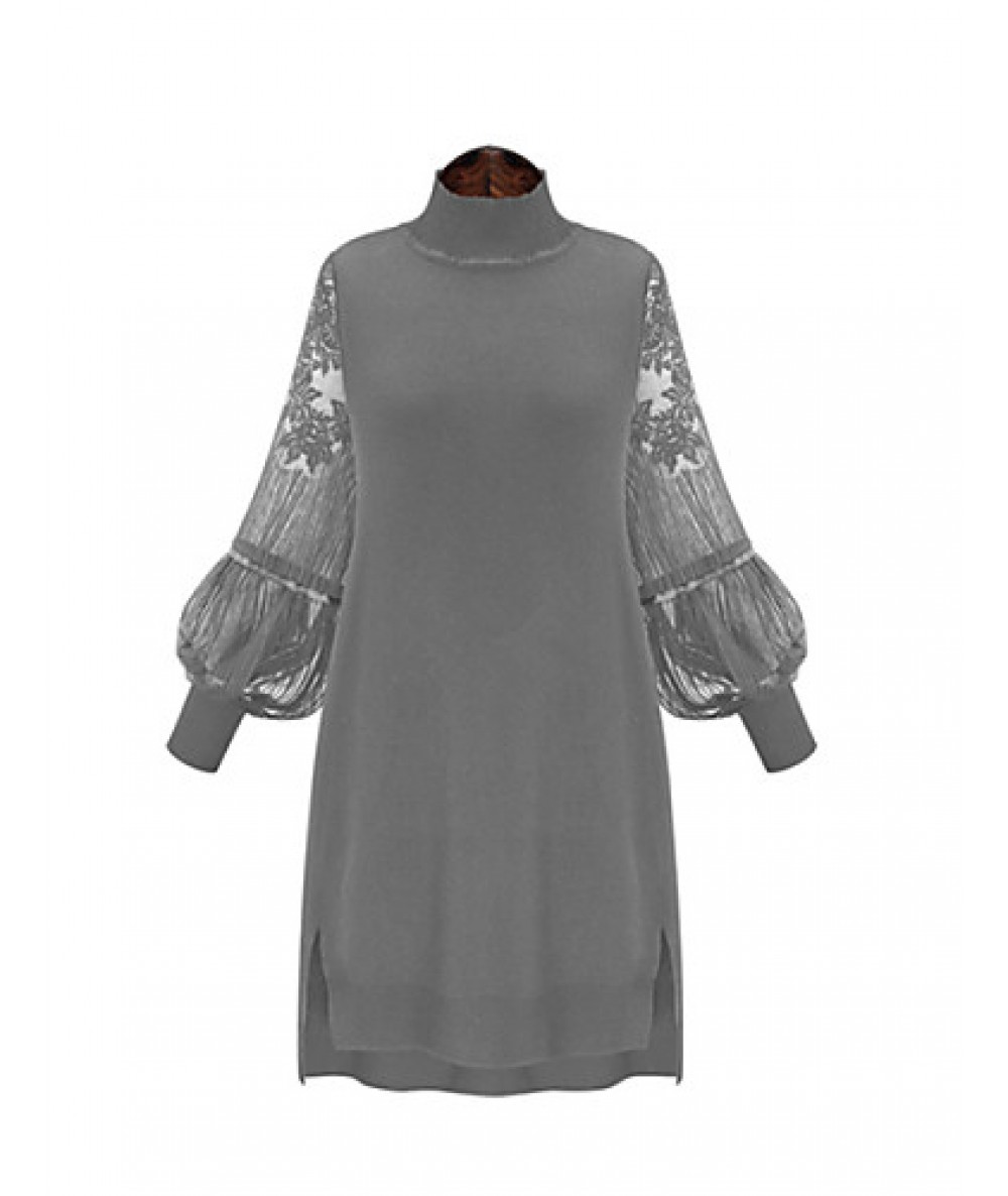 Spring Plus Sizes Women's Solid Color Lace Splice Stand Collar Lantern ...