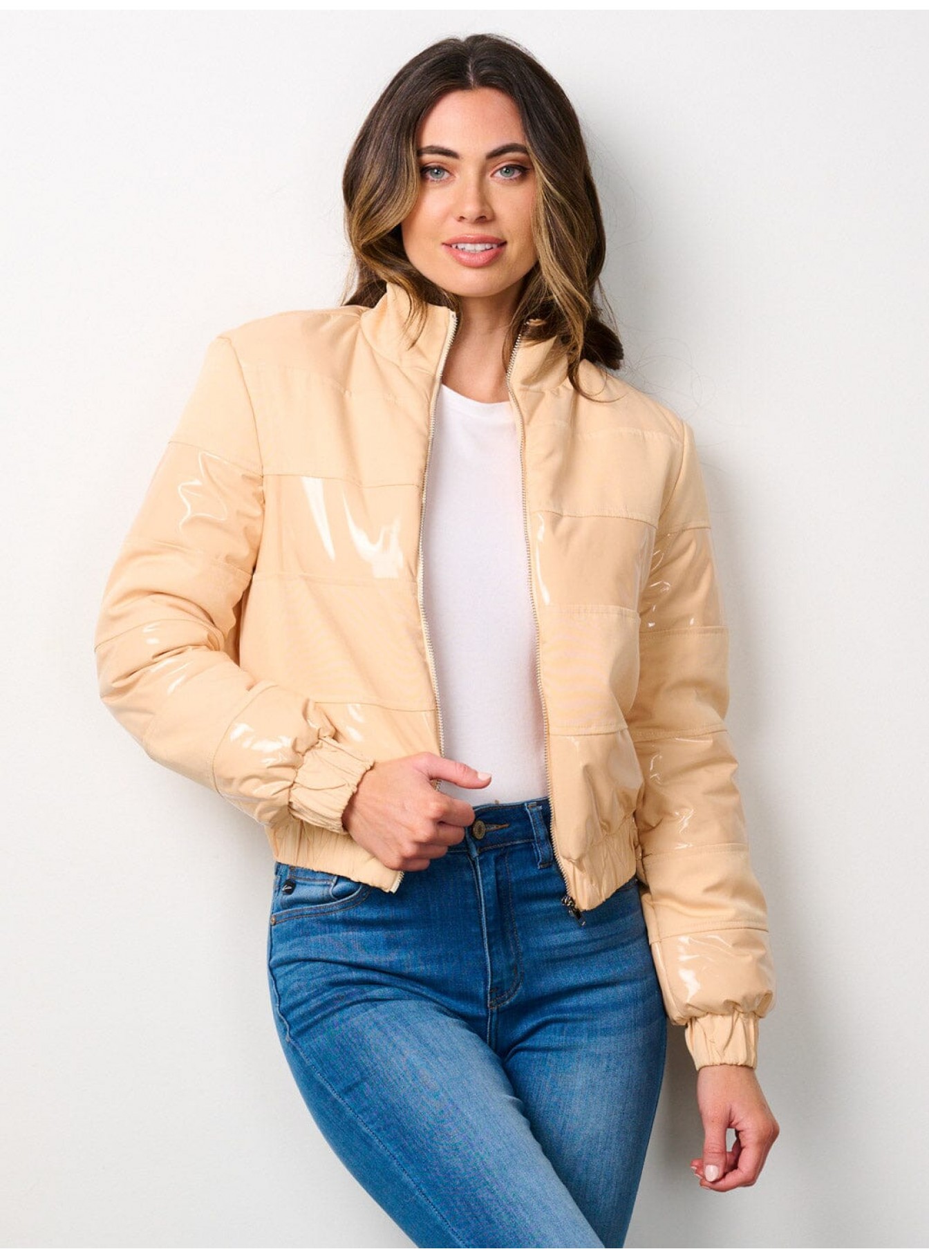 WOMEN'S LONG SLEEVE ZIP UP POCKETS PU PUFFER JACKET